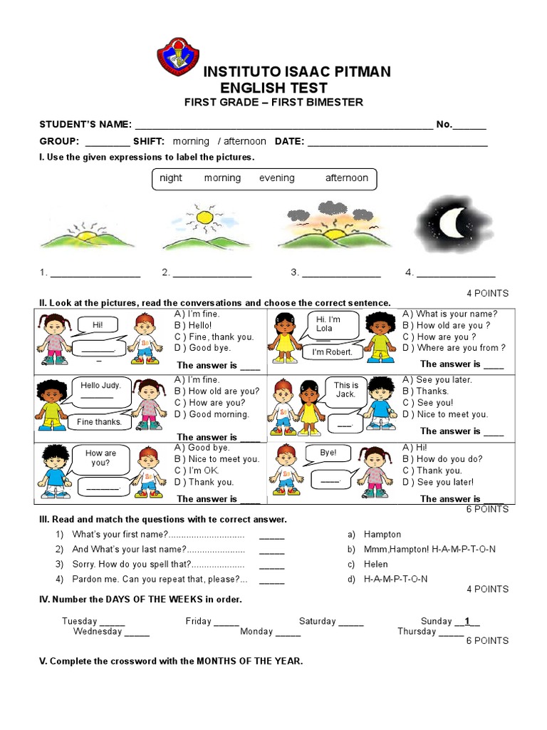 Instituto Isaac Pitman English Test: First Grade - First Bimester | PDF