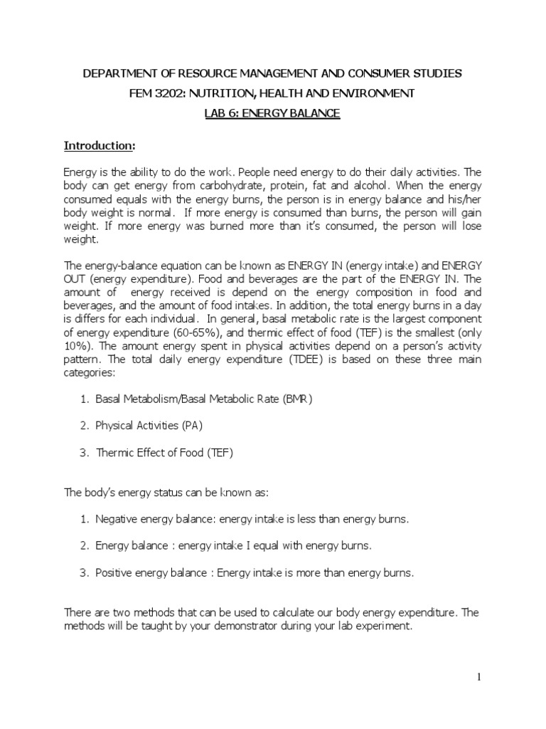 Lab 6 (Energy Balance) | PDF | Energy Homeostasis | Biology