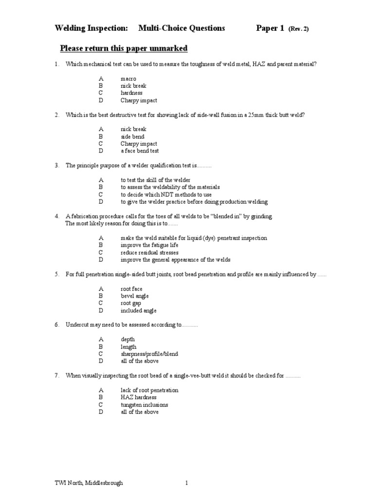 Welding Inspection: Multi-Choice Questions Paper 1 Please Return This ...