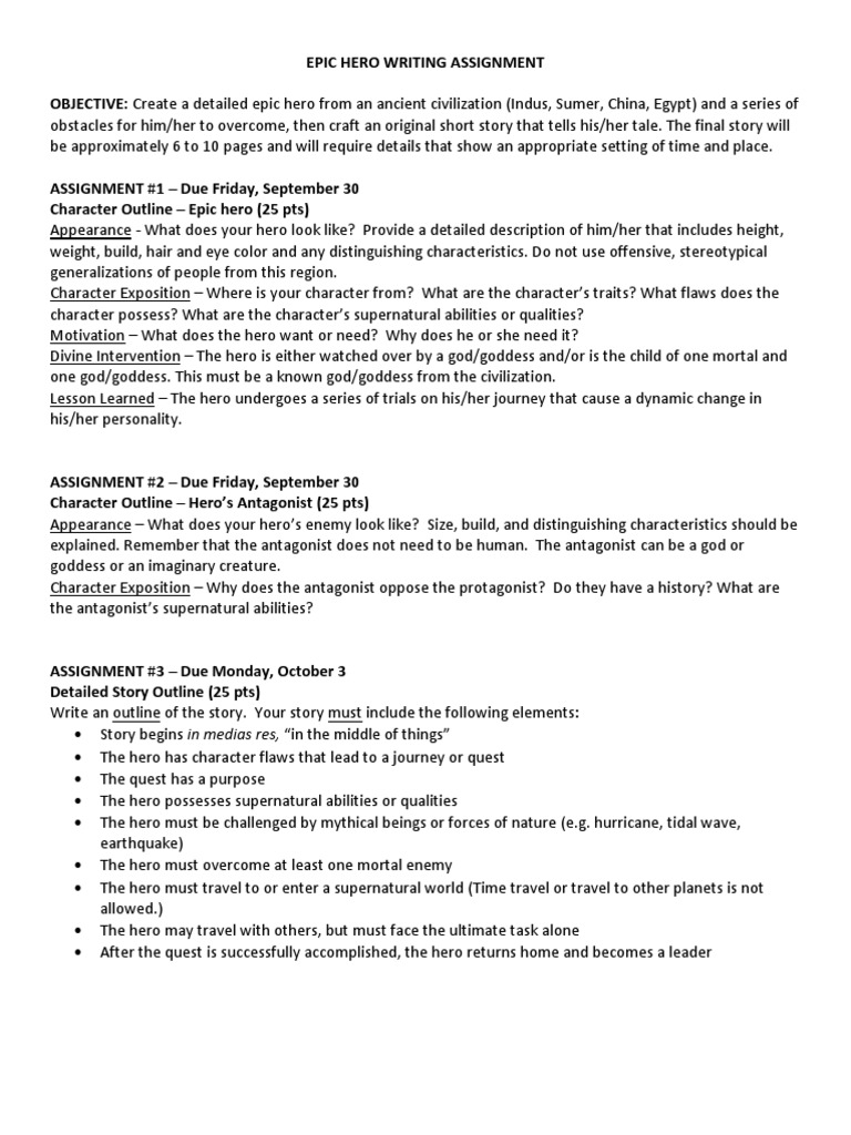 Epic Hero Writing Assignment Hero Quest 