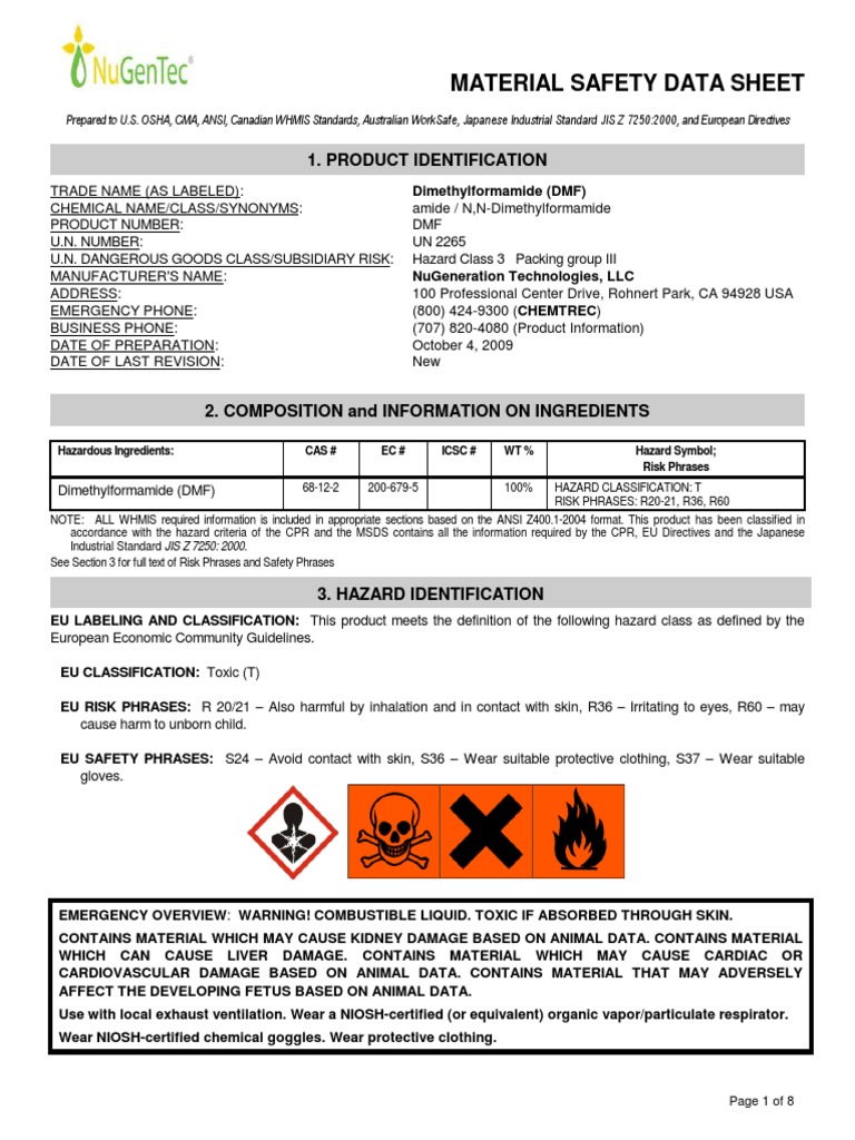 Dimethylformamide Safety Data Sheet | PDF | Dangerous Goods | Personal ...