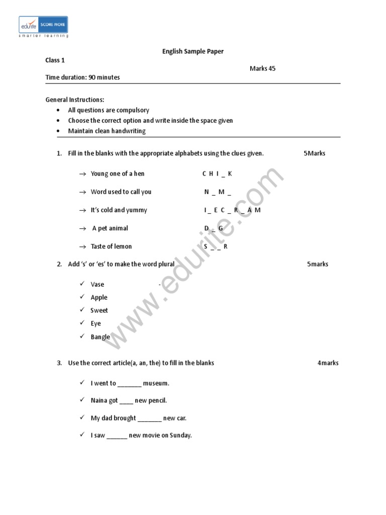 Class 1 ICSE English Sample Paper | PDF | Teaching Methods & Materials