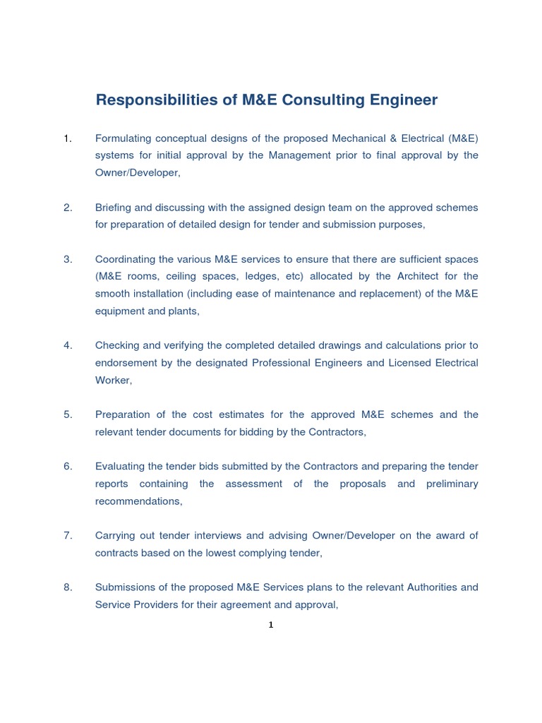 M&E Consultant Scope | PDF | General Contractor | Industries