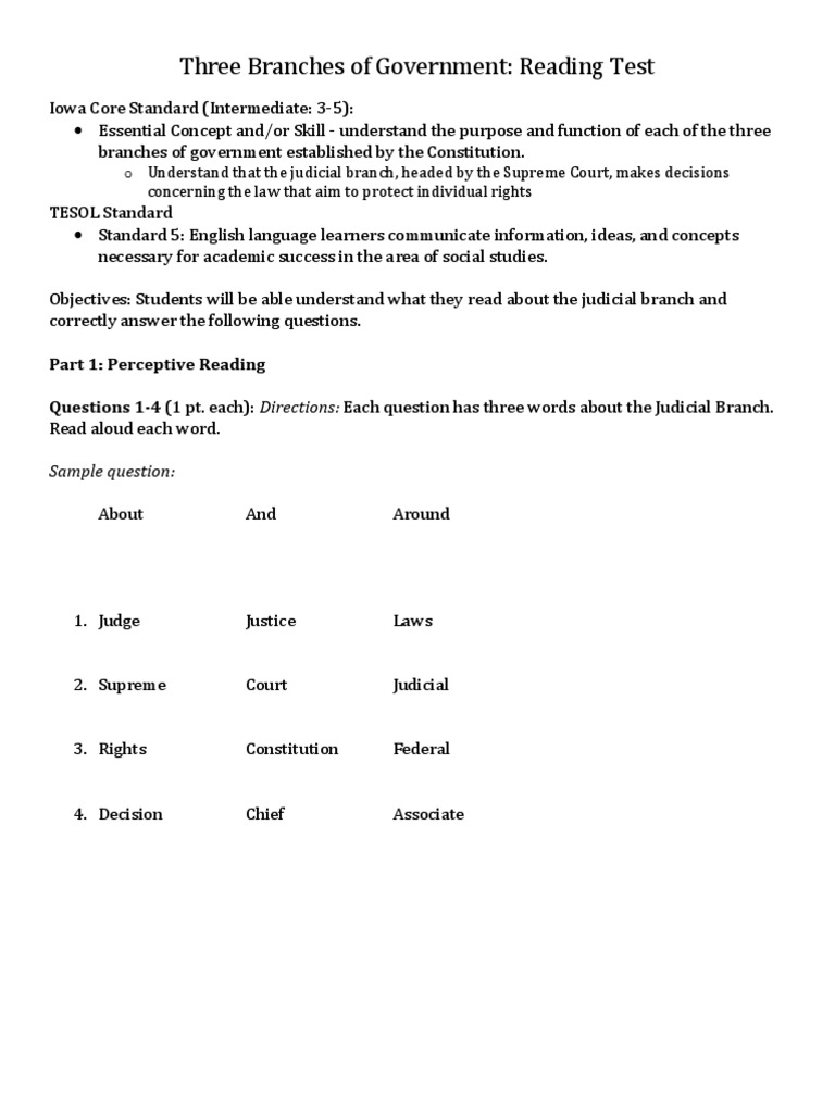 Three Branches of Government Assessment | PDF | Separation Of Powers ...