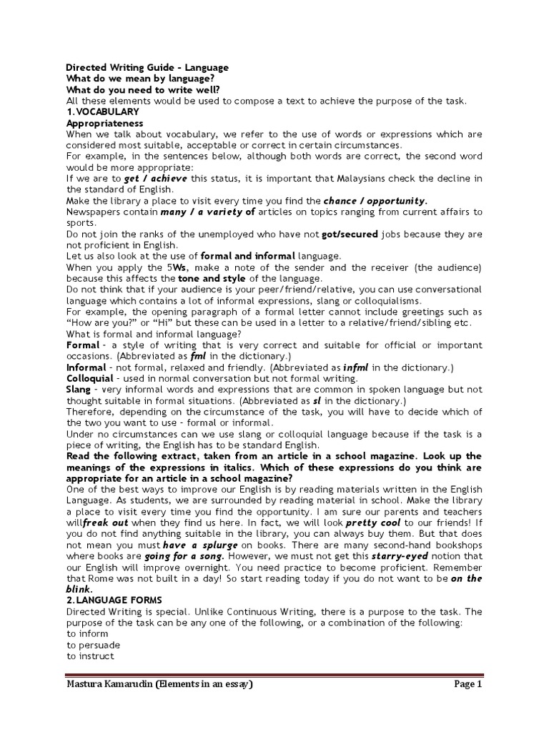 Directed Writing Guide Subject Grammar Sentence Linguistics 