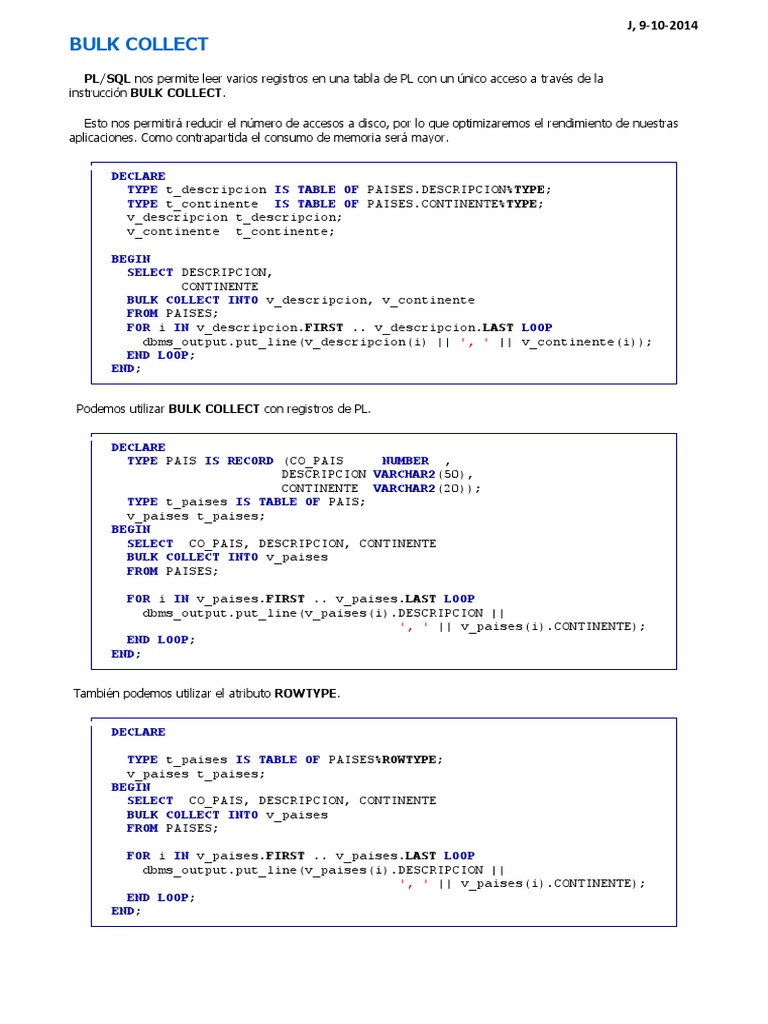 BULK COLLECT - SQL Dinámico | PDF | SQL | Bases de datos