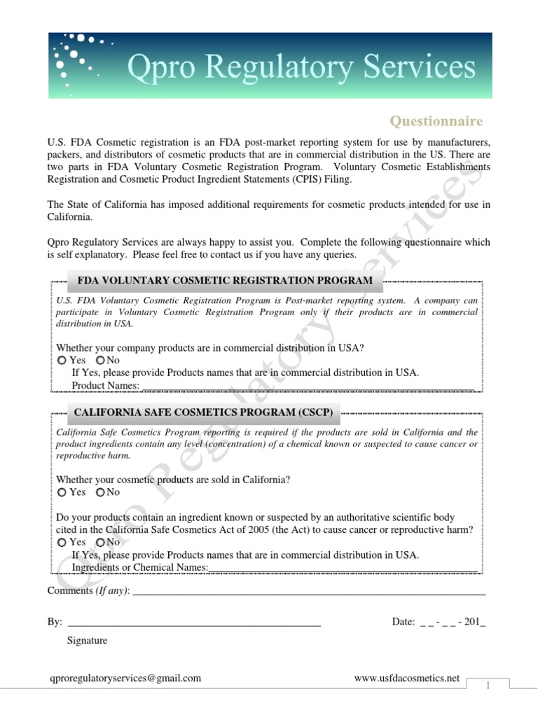 US FDA Cosmetic Product Ingredient Statements Filing CPIS Form - Qpro ...