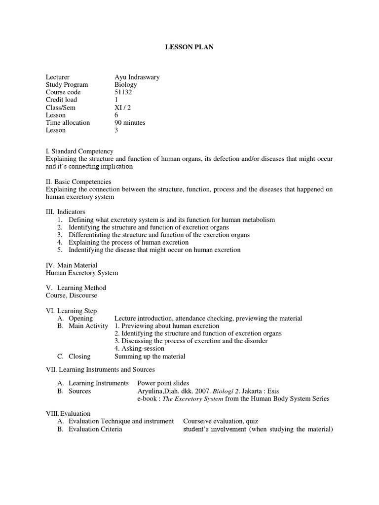 Human Excretory System Lesson Plan | PDF | Career & Growth | Wellness