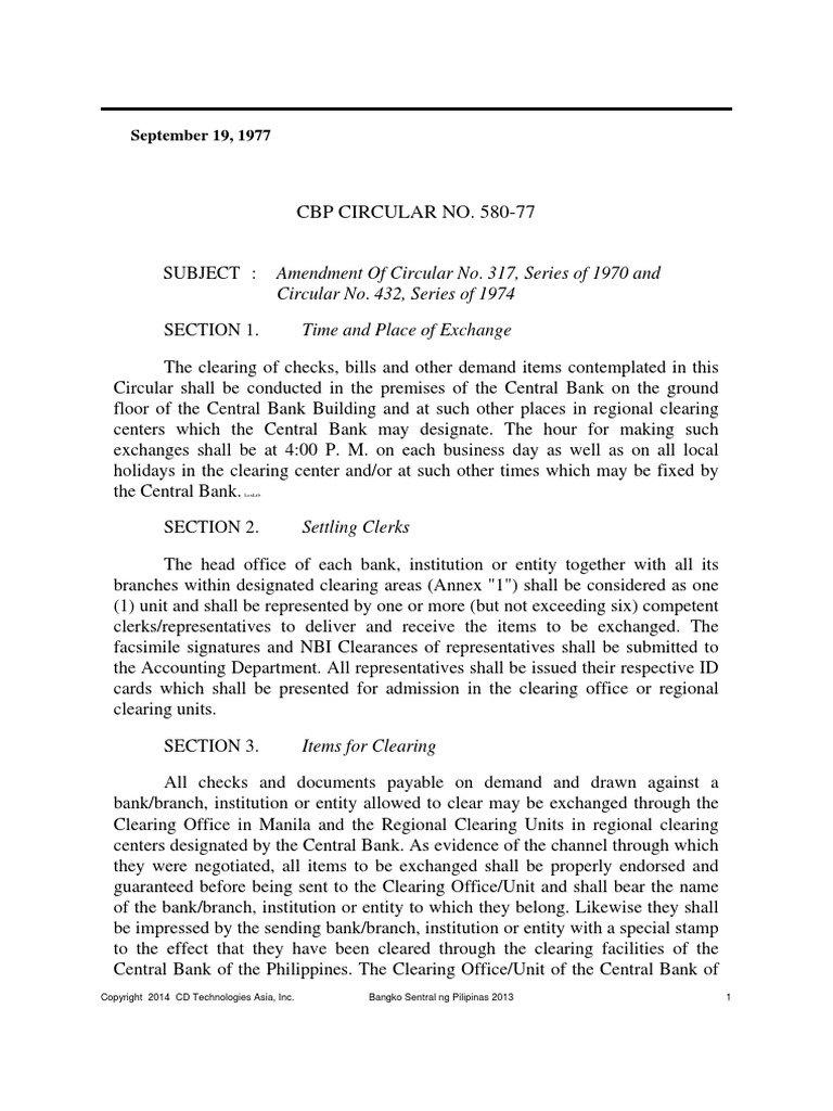 BSP Circular No. 580-77 | Debits And Credits | Banks