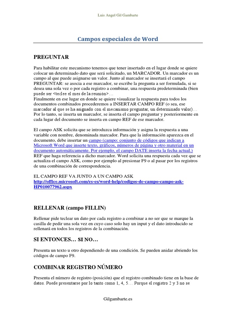 Campos Especiales de Word | PDF | Microsoft Word | Áreas de informática