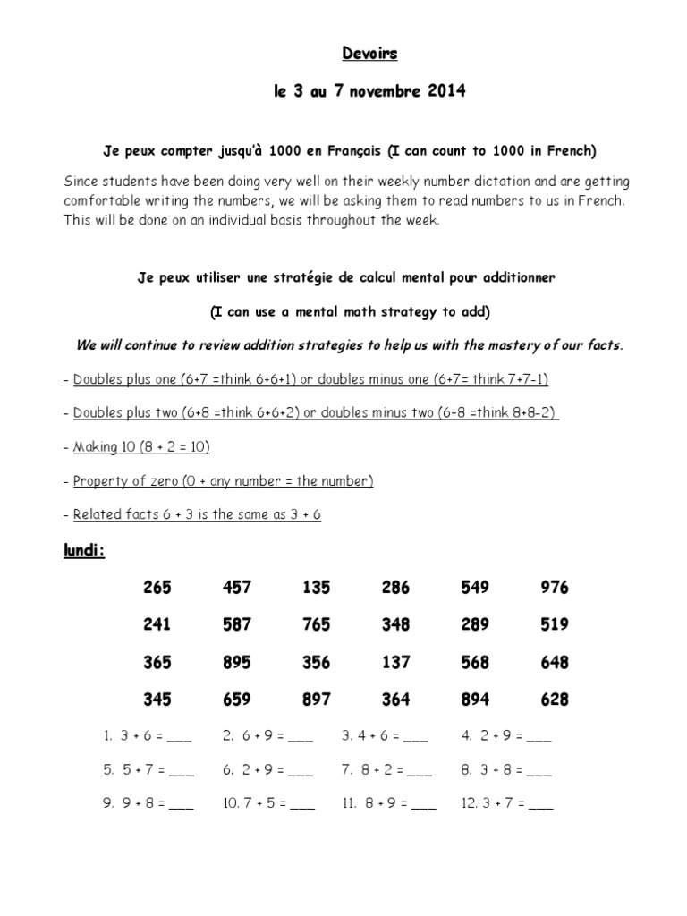French Counting and Addition Practice | PDF