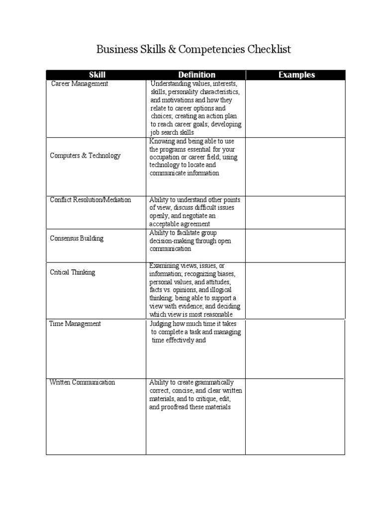 Business Skills & Competencies Checklist | Competence (Human Resources ...