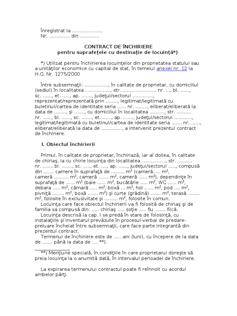 Contract Inchiriere Locuinta Fond Locativ
