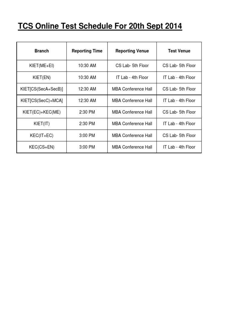 TCS Test Schedule for Sept 20, 2014 | PDF | Technology & Engineering