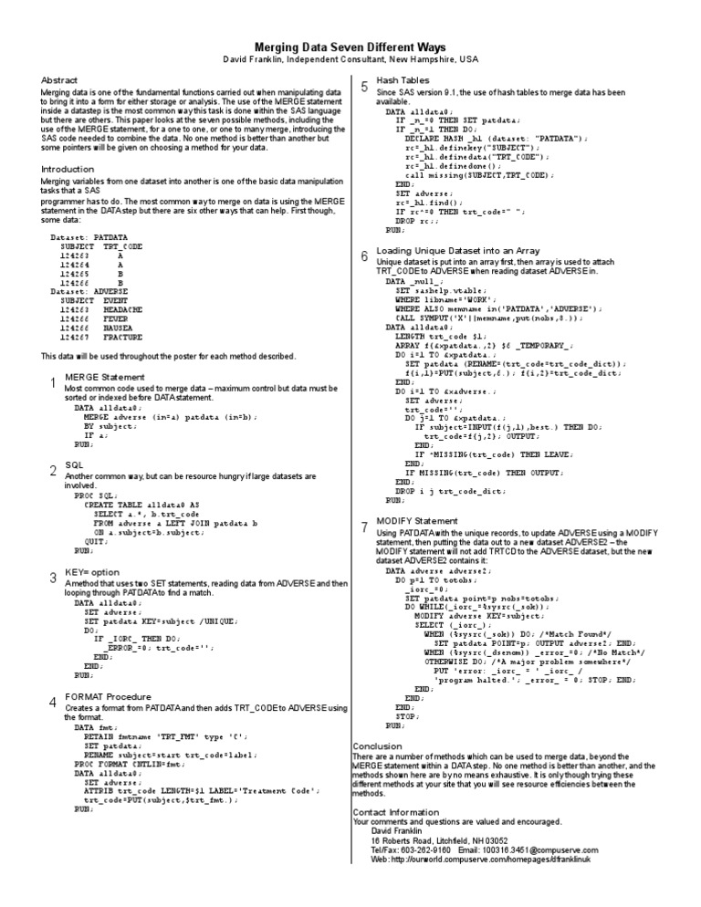 Merging Data Seven Different Ways Pdf Sas Software Array Data Structure