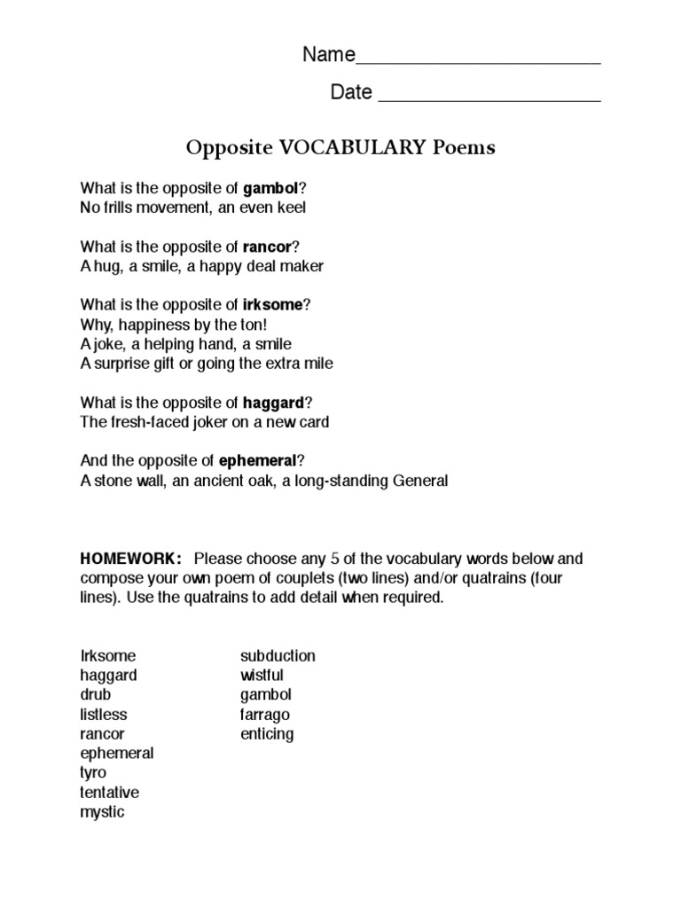 Opposite Vocabulary Poems | PDF