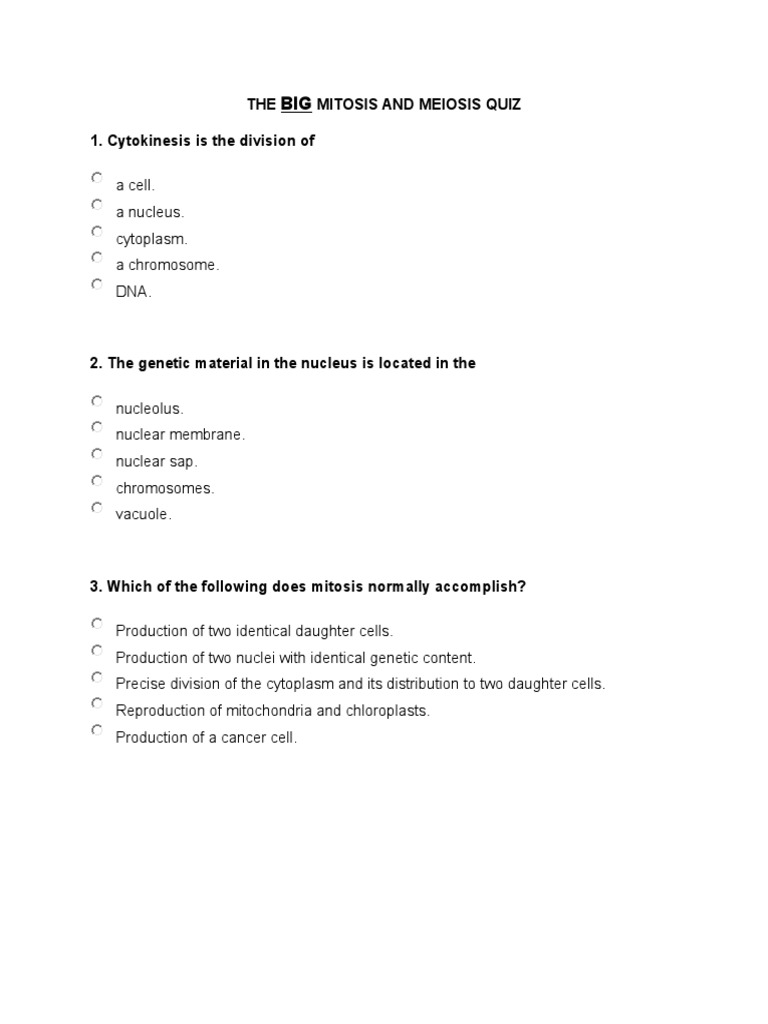 The Big Mitosis and Meiosis Quiz-1 | PDF | Mitosis | Meiosis