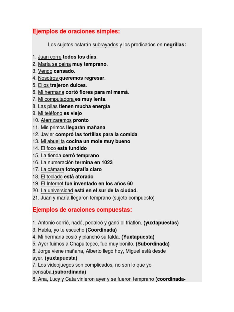 Oraciones Simples Y Oraciones Compuestas 150 Ejemplos