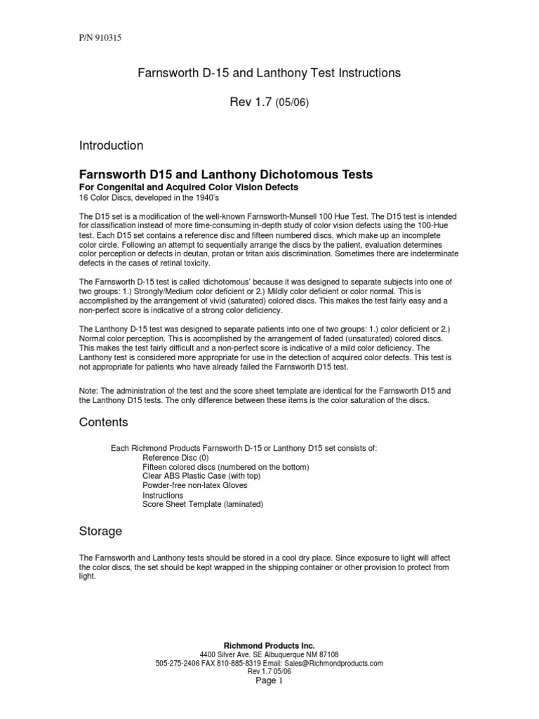 Farnsworth D-15 & Lanthony Test Guide | PDF | Color | Optics