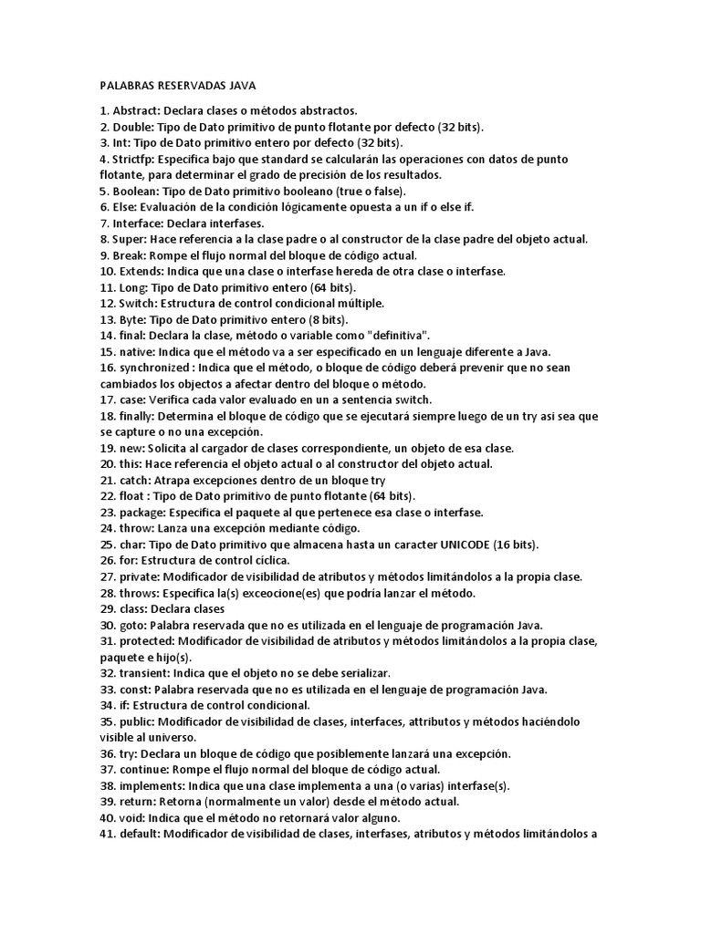 Palabras Reservadas en Java: Guía Completa | PDF | Java (lenguaje de programación) | Tipo de datos