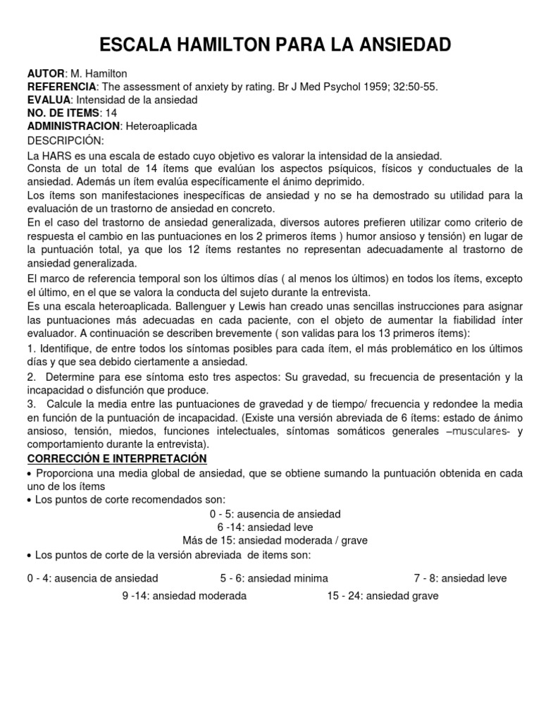 Escala Hamilton Ansiedad | PDF | Ansiedad | Enfermedades y trastornos