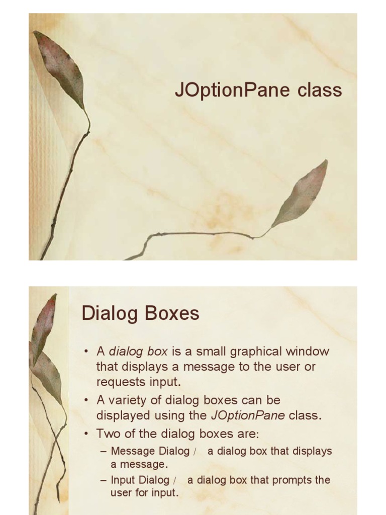 JOptionPane Class | PDF | Dialog Box | Java (Programming Language)