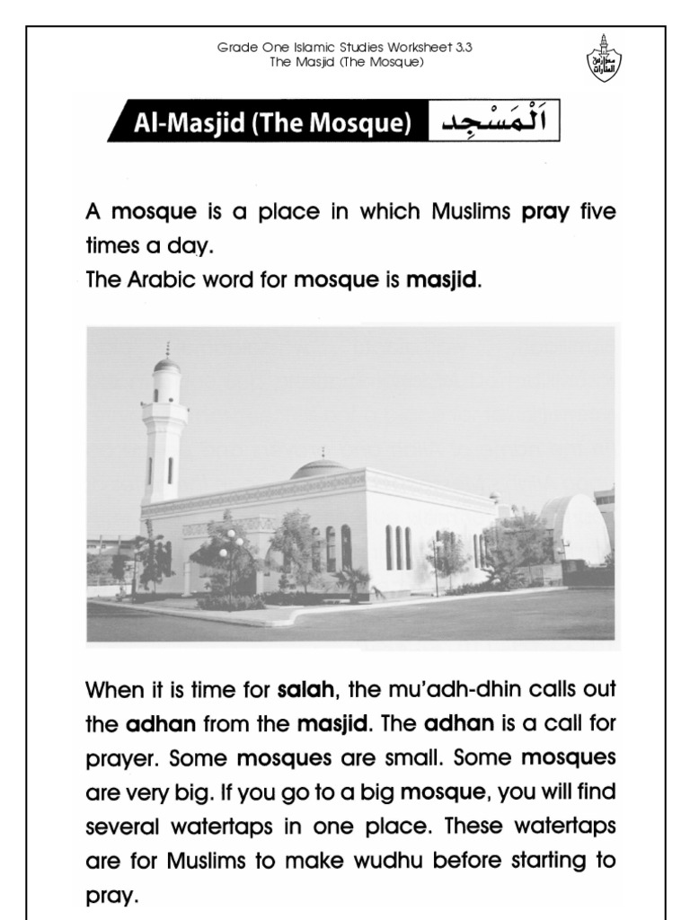 Grade 1 Islamic Studies - Worksheet 3.3 - Al-Masjid (The Mosque) | PDF