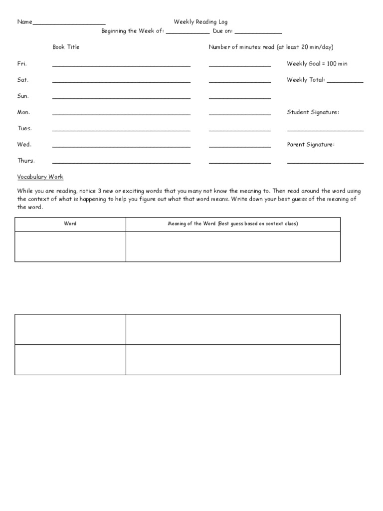 Weekly Reading Log Template | PDF