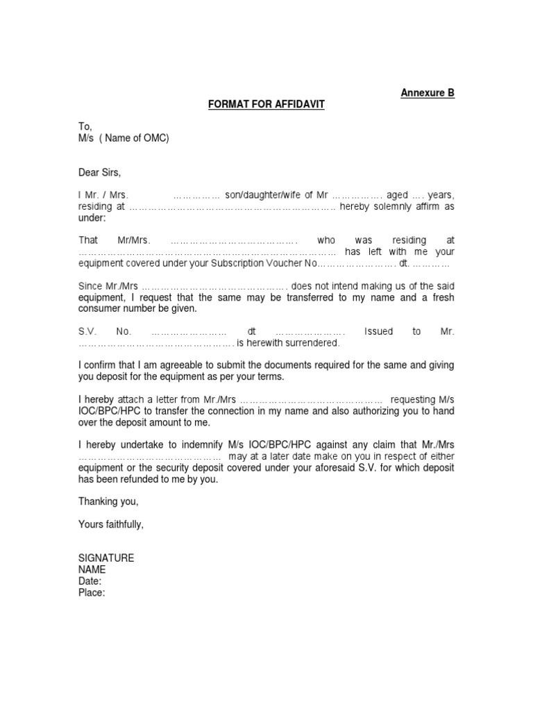 Affidavit Format for Gas Transfer | PDF