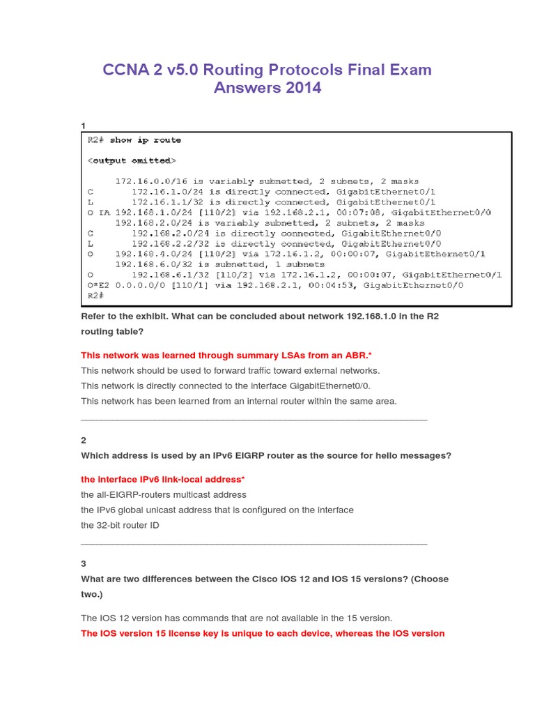 CCNA 2 v5.0 Routing Protocols Final Exam Answers 2014 | PDF | Router ...