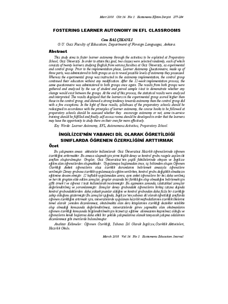 Fostering Learner Autonomy in EFL Classrooms | PDF | Learning | Student ...