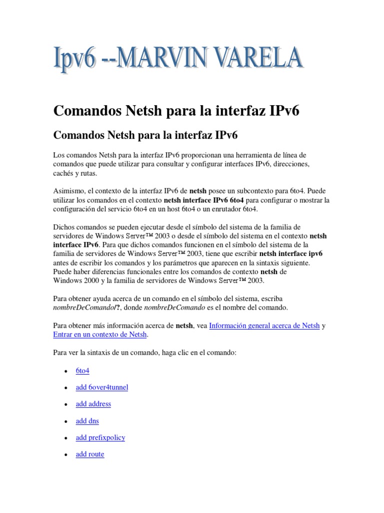 Comandos Netsh para La Interfaz IPv6 Masyc | PDF | Enrutador (Computación) | Yo Pv6