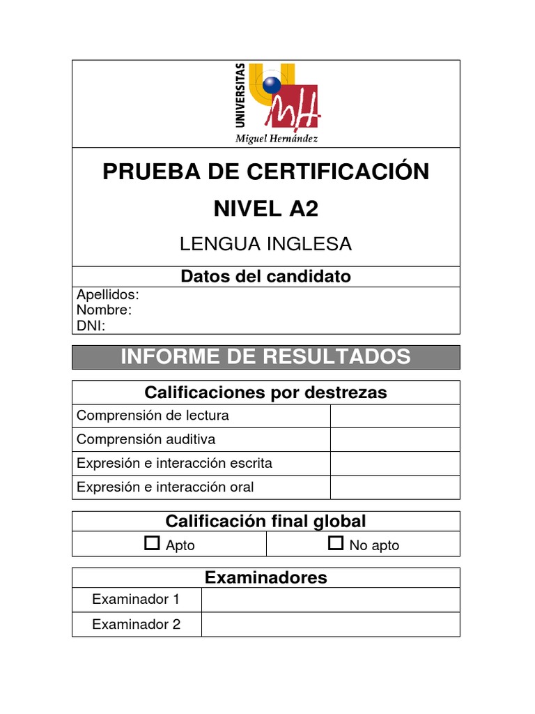 Examen A2 Inglés Pdf Idiomas