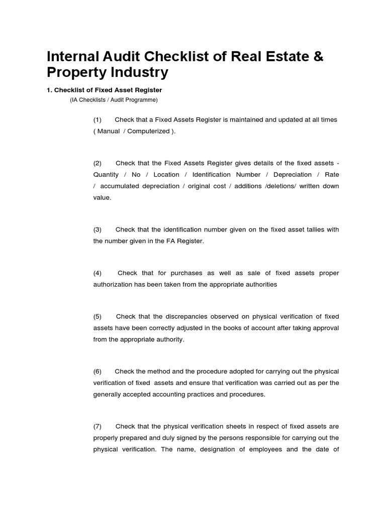 Internal Audit Checklist of Real Estate | PDF | Debits And Credits | Cheque