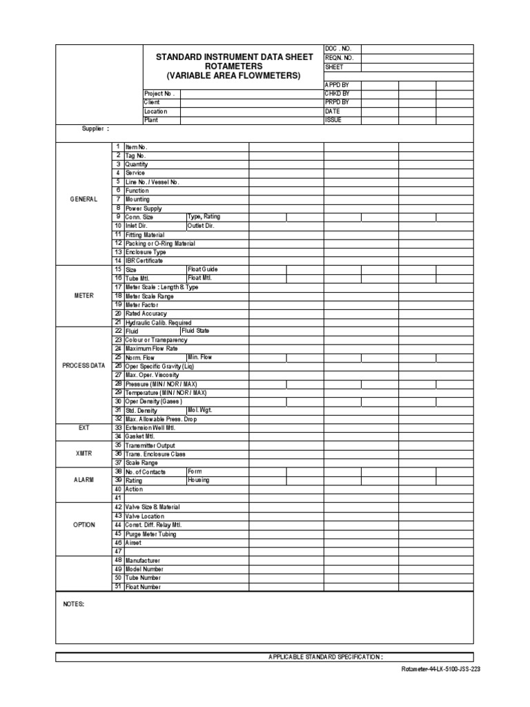 Standard Instrument Data Sheet Rotameters (Variable Area Flowmeters ...