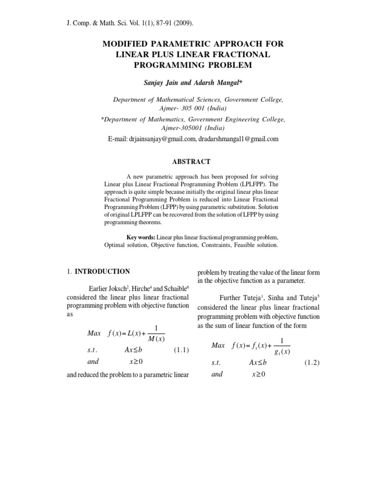 Modified Parametric Approach For Linear Plus Linear Fractional Programming Problem Pdf
