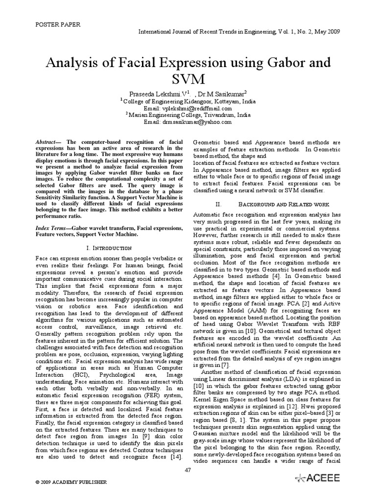 Analysis of Facial Expression Using Gabor and SVM: Praseeda Lekshmi.V - , Dr.M.Sasikumar | PDF ...