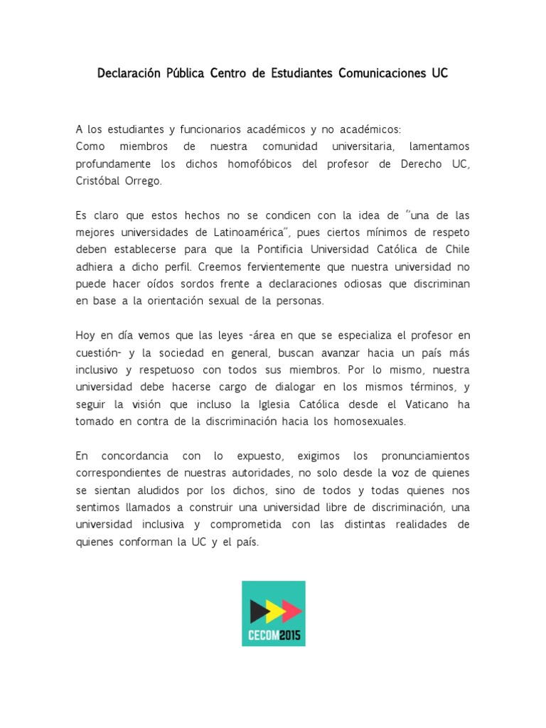 Declaracion CECOM Cristobal Orrego | PDF | Homofobia | Discriminación