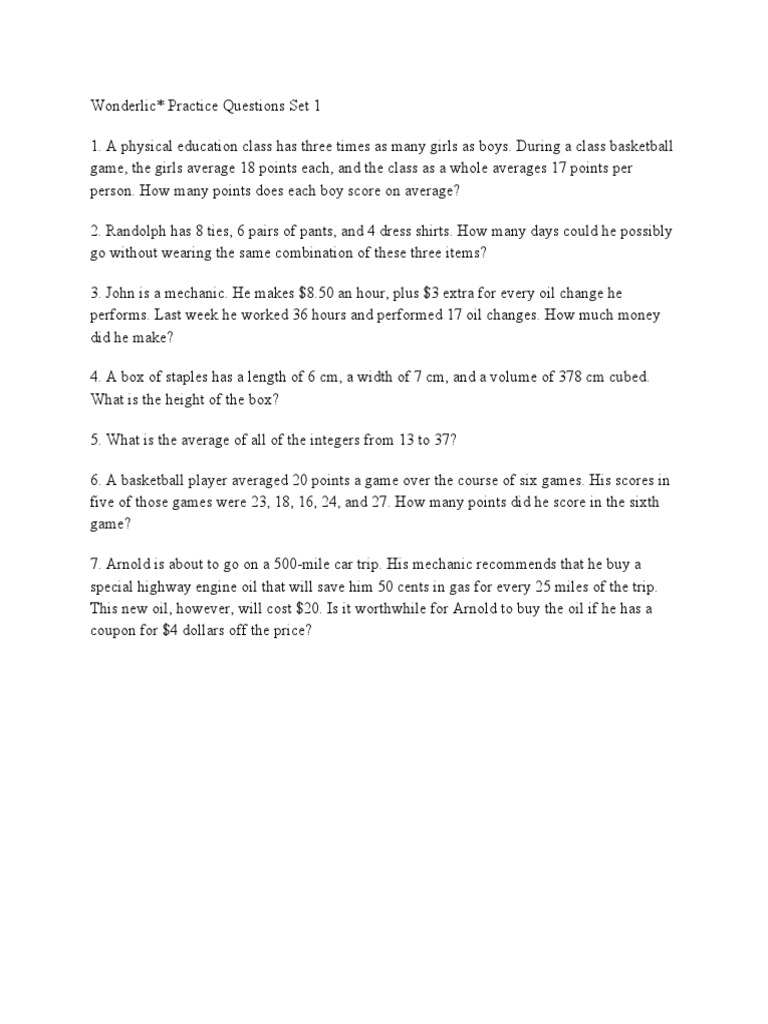 Wonderlic Test Samples | Download Free PDF | Teaching Mathematics | Science