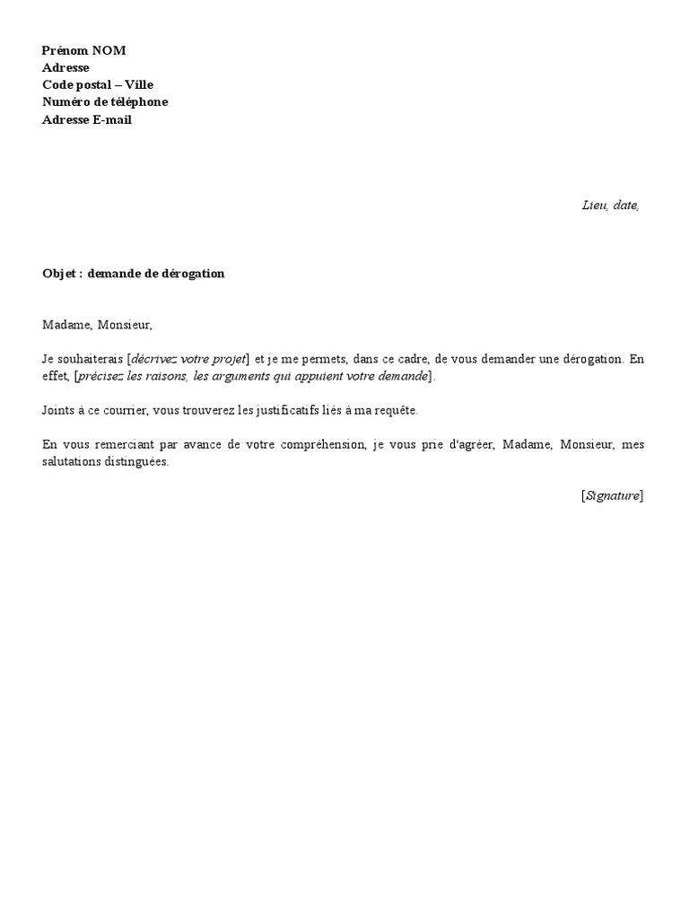 Lettre Demande DEROGATION PDF | PDF