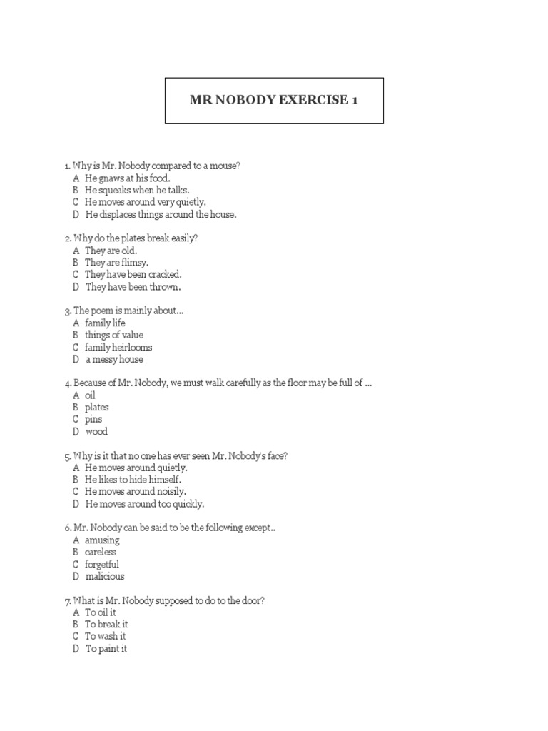 Mr. Nobody Quiz: Comprehension Test | PDF | Language Arts & Discipline ...