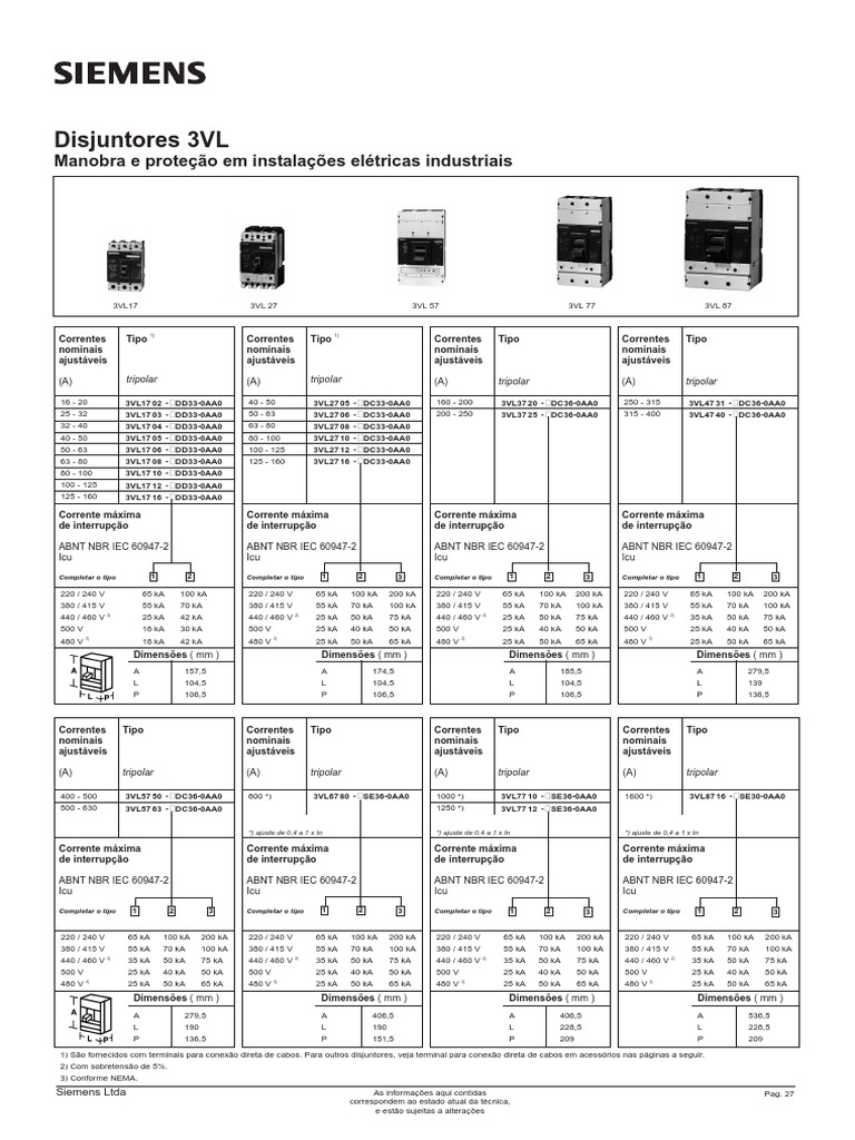 Fichas Tecnicas Disjuntores 3vl v2 | PDF | Eletricidade | Equipamento ...