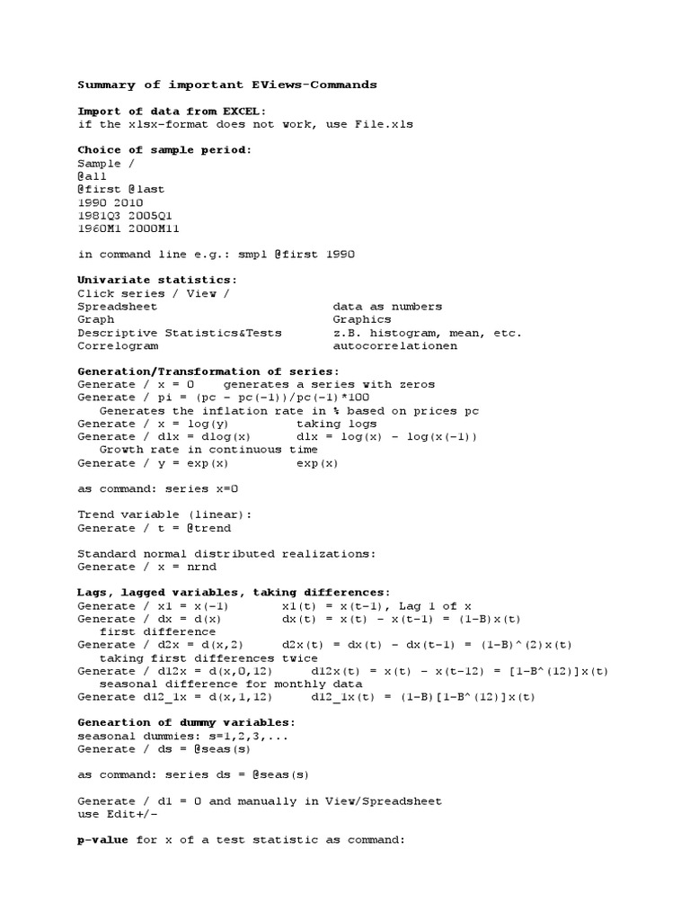 Eviews Commands | PDF | Statistics | Microsoft Excel