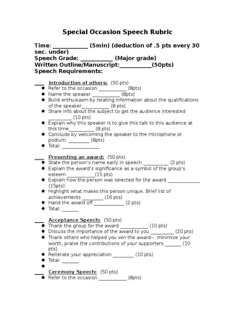 Special Occasion Speech Rubric | PDF | Nonverbal Communication | Semiotics