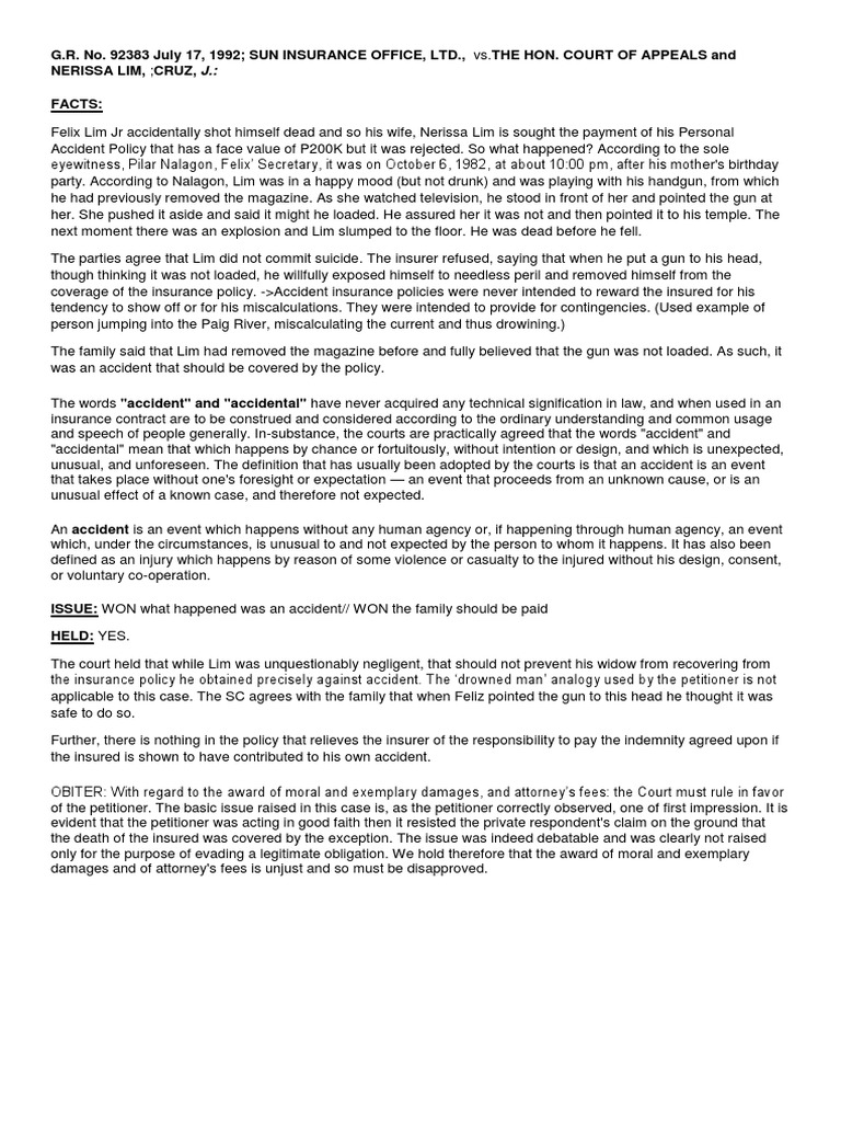 Sun Insurance Office Limited Vs CA | PDF | Traffic Collision | Insurance
