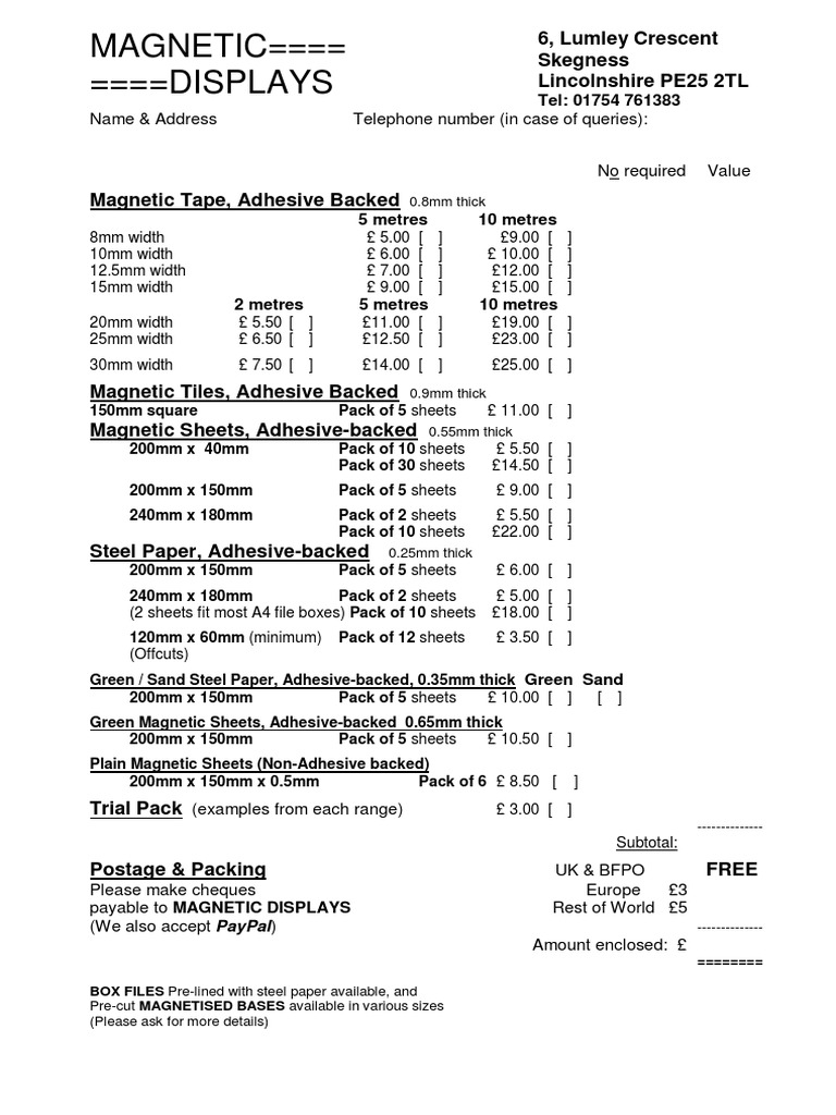 Magnetic Displays Orderform | PDF