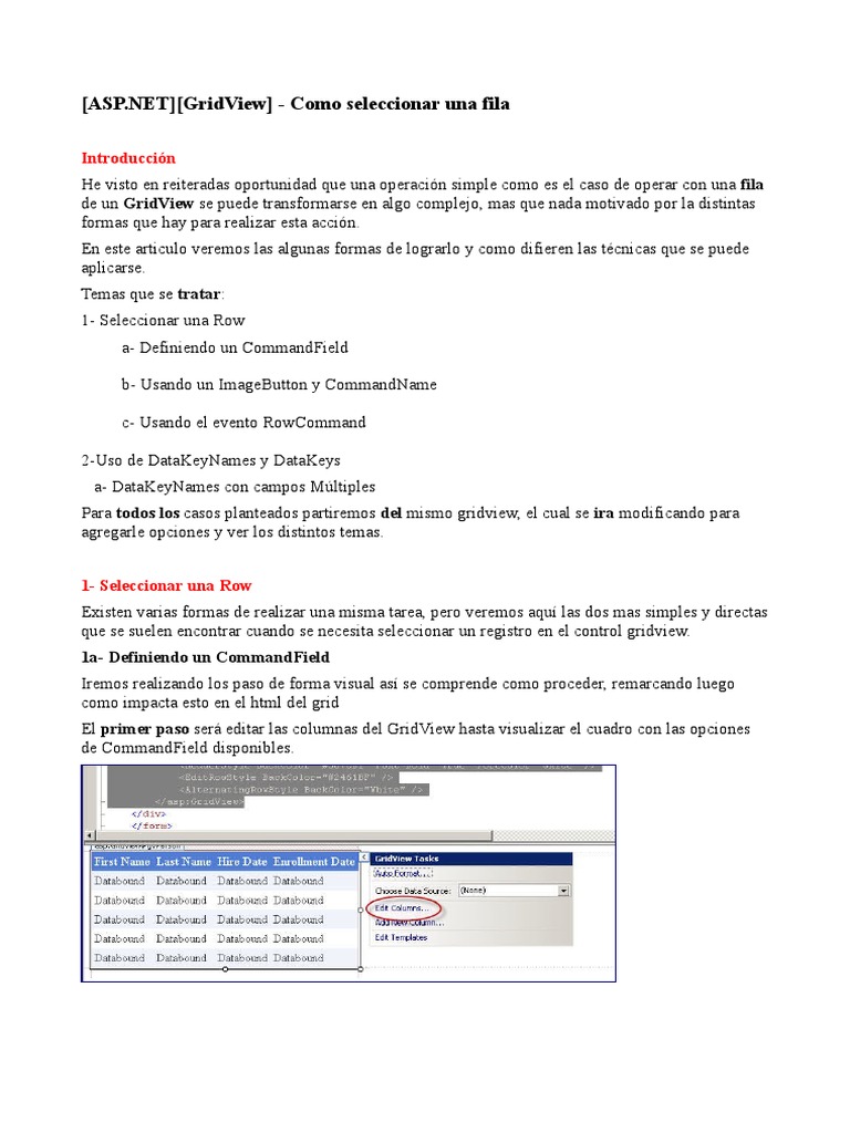 Asp Net Gridview Como Seleccionar Una Fila Pdf Html Servidor Sql De Microsoft