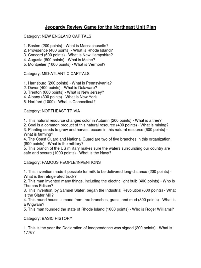 Northeast Capitals Jeopardy Review Game | PDF