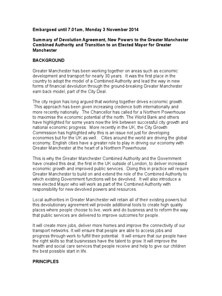 GMCA Devolution Agreement FINAL Summary | PDF | Devolution | Economic ...