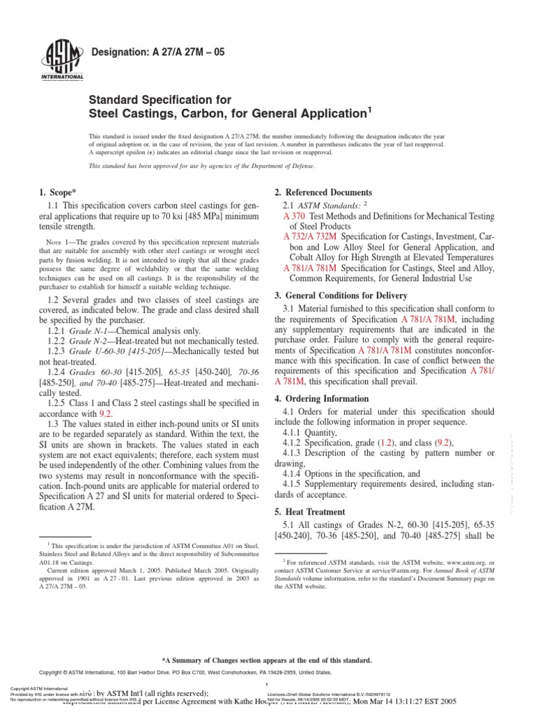 ASTM A27 Spec for General Steel Castings | Specification (Technical ...